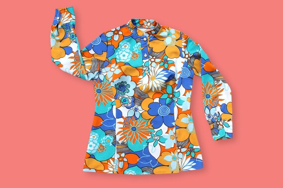 70s Hippie Flower Power Tunic - Mao Collar Psychedeli… - Gem