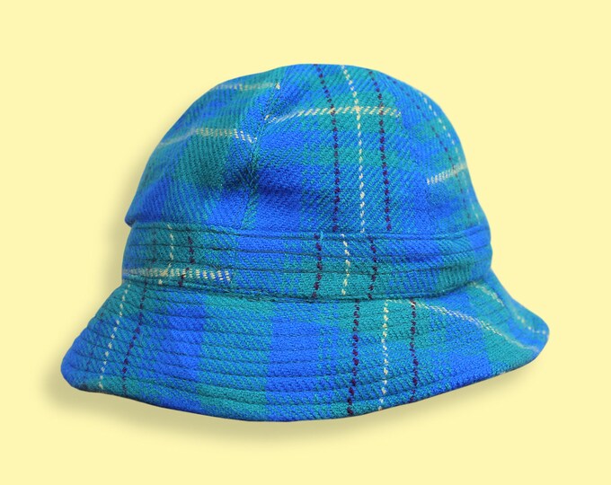 90s Blue & Green Tartan Print Bucket Hat - Preppy Wool Plaid Print ...