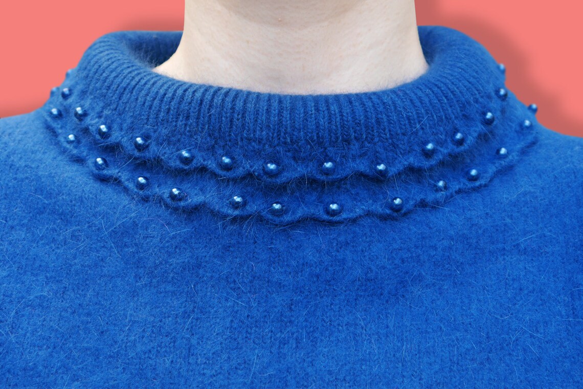 80s Royal Blue Angora Beaded Sweater - Glam Knit Chunky Pullover ...