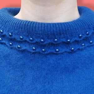 80s Royal Blue Angora Beaded Sweater - Glam Knit Chunky Pullover ...