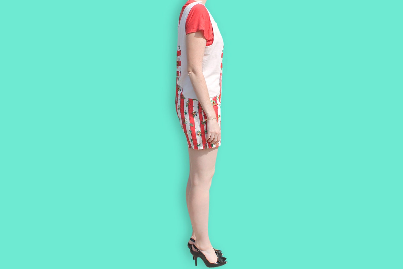 90s Off-white & Red Striped Overalls Shorts - Floral Print Denim Short ...