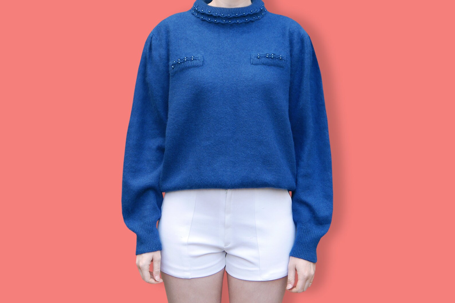 80s Royal Blue Angora Beaded Sweater - Glam Knit Chunky Pullover ...