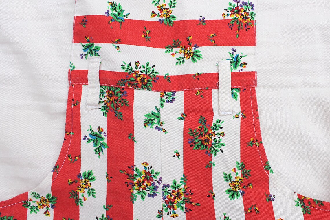 90s Off-white & Red Striped Overalls Shorts Floral Print Denim Short ...