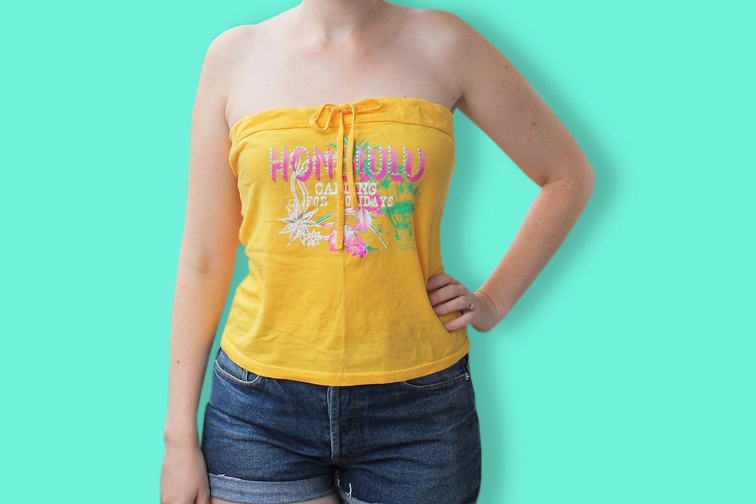 90s Yellow Strapless Top - Vaporwave Hawaiian Tropical Tube Top - Club ...