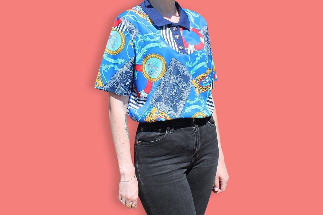 80s Silky Sailing Print Polo Shirt - Navy Blue Boats, Compass & Rubber ...