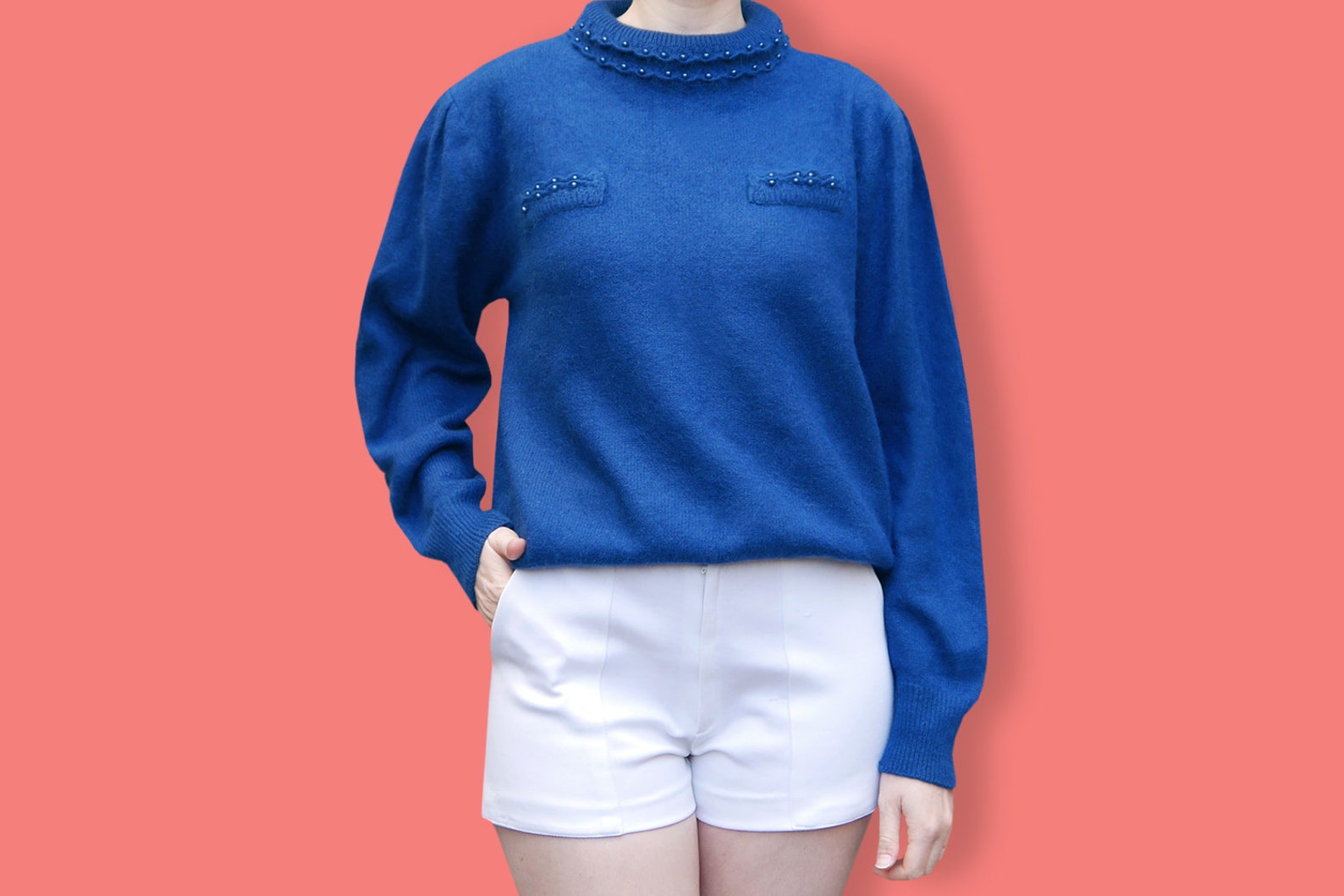 80s Royal Blue Angora Beaded Sweater - Glam Knit Chunky Pullover ...