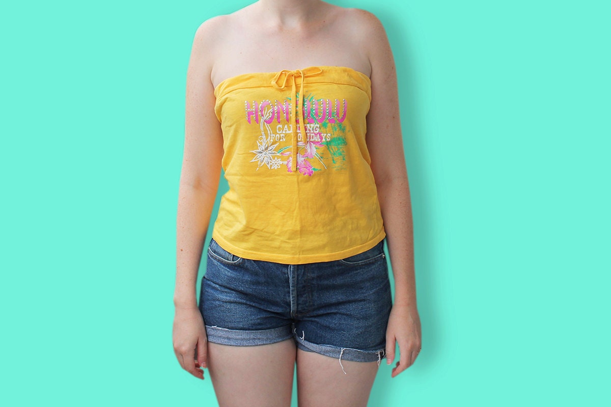 90s Yellow Strapless Top - Vaporwave Hawaiian Tropical Tube Top - Club ...