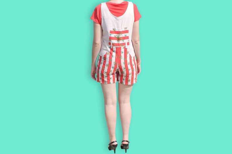 90s Off-white & Red Striped Overalls Shorts - Floral Print Denim Short ...