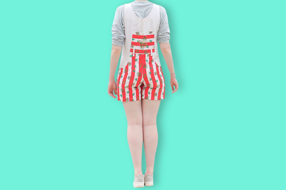 90s Off-white & Red Striped Overalls Shorts Floral Print Denim Short ...