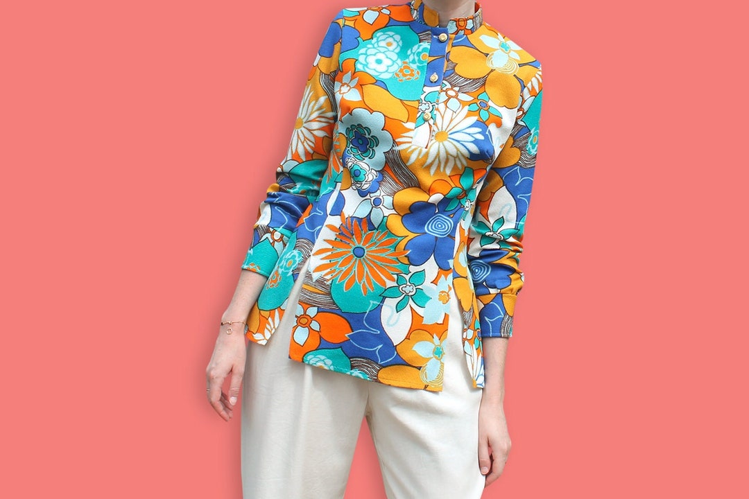 70s Hippie Flower Power Tunic - Mao Collar Psychedelic Top - Bright ...