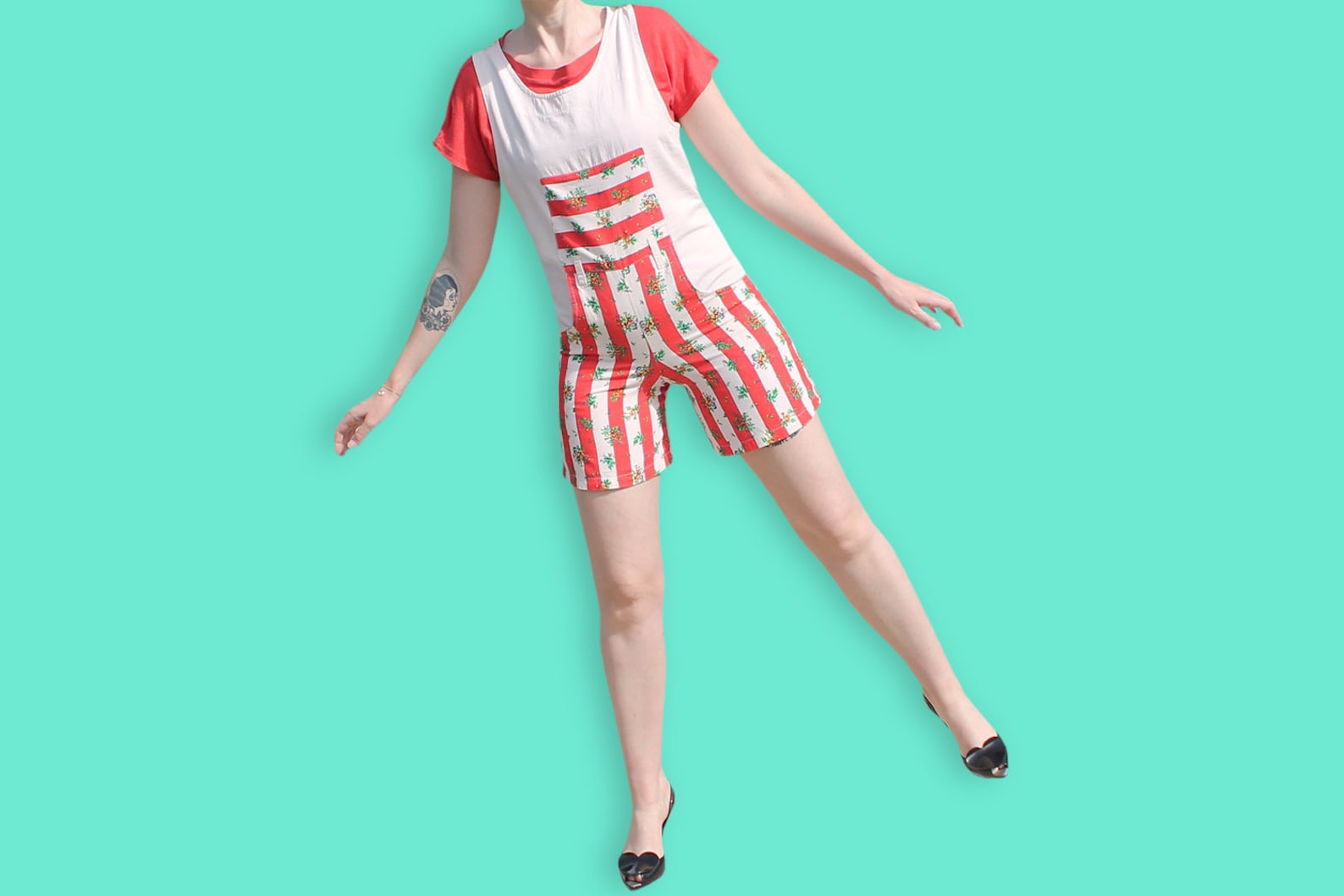 90s Off-white & Red Striped Overalls Shorts - Floral Print Denim Short ...