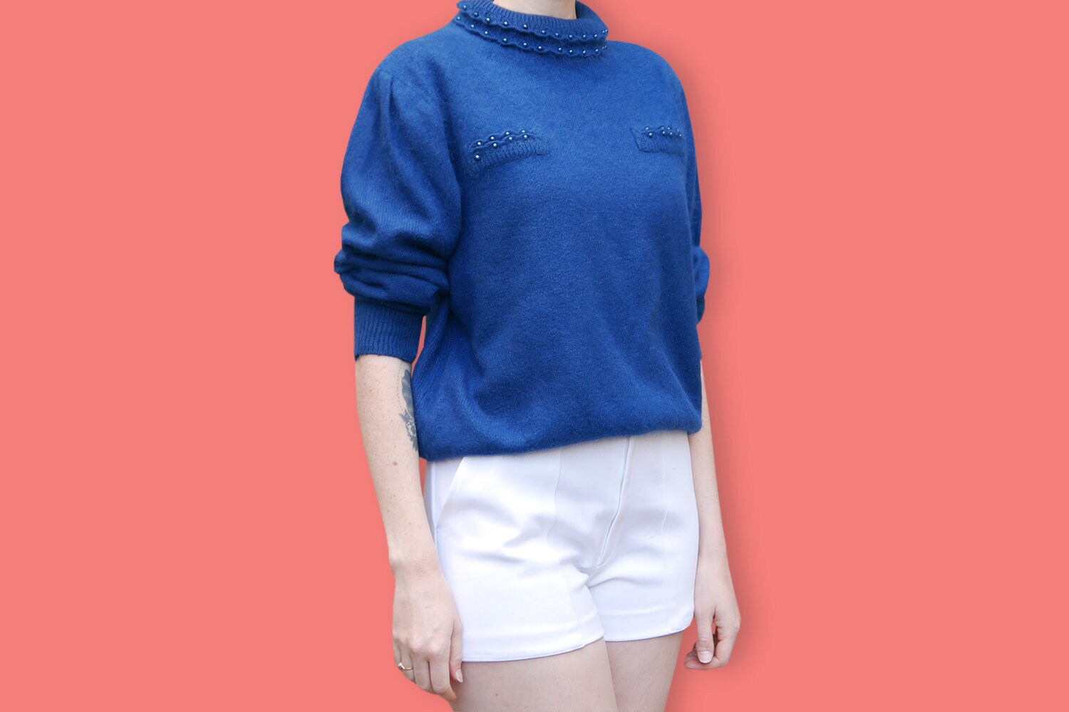 80s Royal Blue Angora Beaded Sweater - Glam Knit Chunky Pullover ...