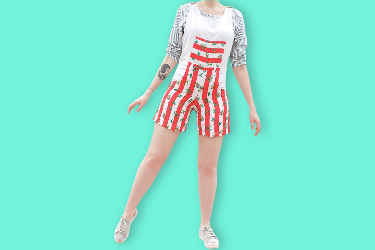 90s Off-white & Red Striped Overalls Shorts Floral Print Denim Short ...