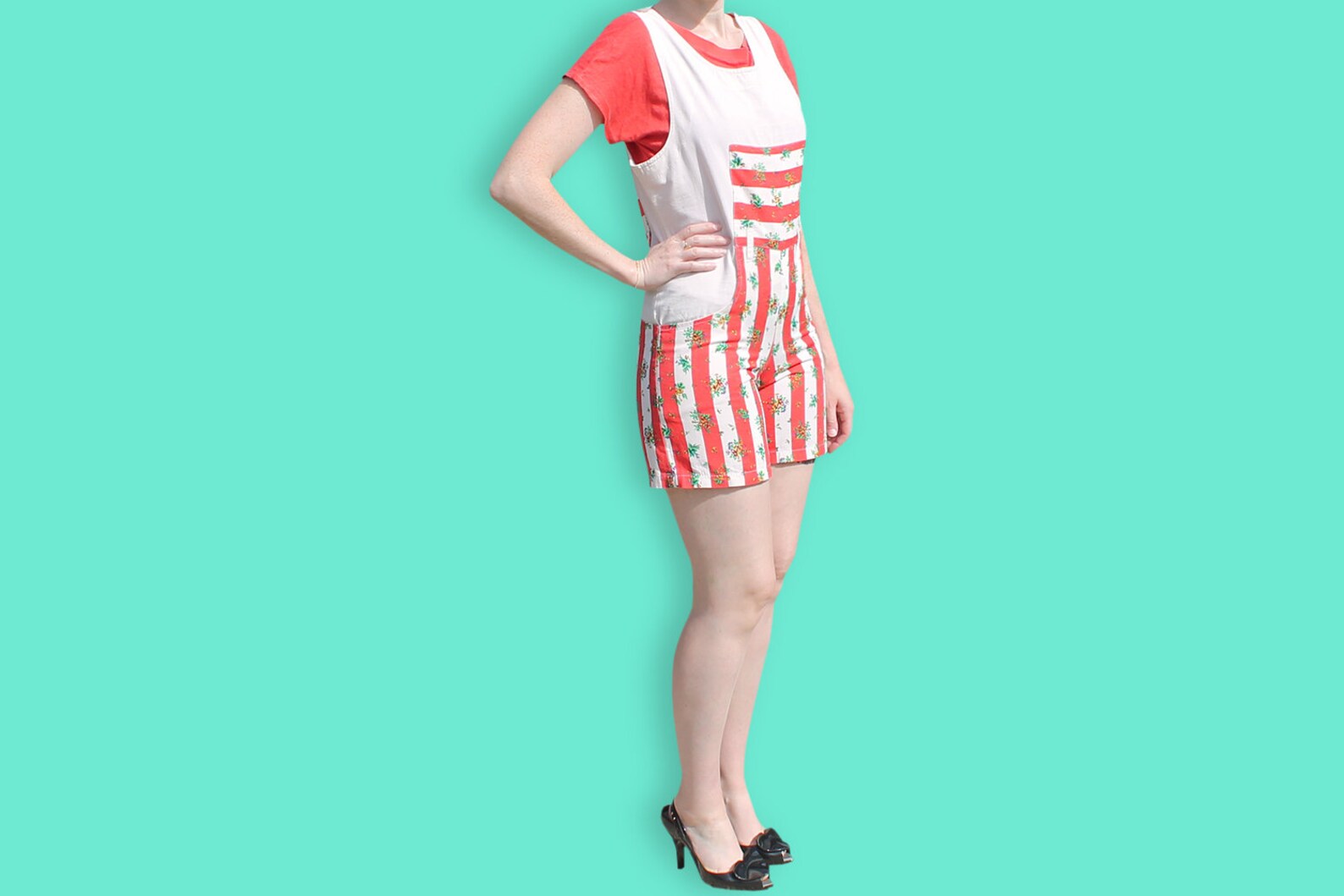 90s Off-white & Red Striped Overalls Shorts - Floral Print Denim Short ...