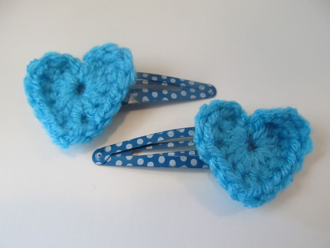 Blue Crochet Heart Barrettes- Polka Dot Barrettes- Heart Barrettes ...