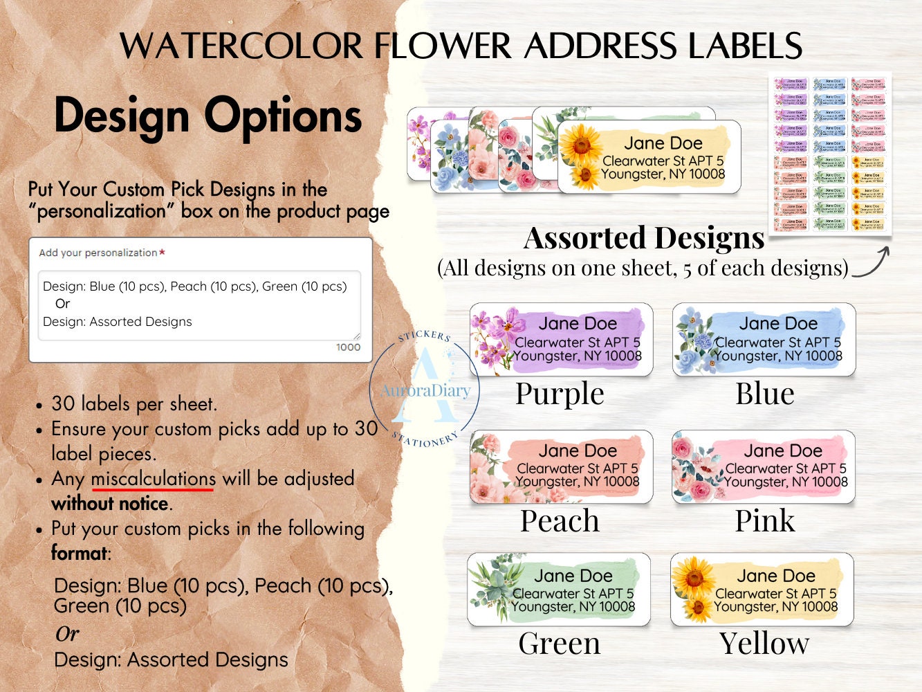 Watercolor Flower Personalized Return Address Labels Sticker | Elegant ...