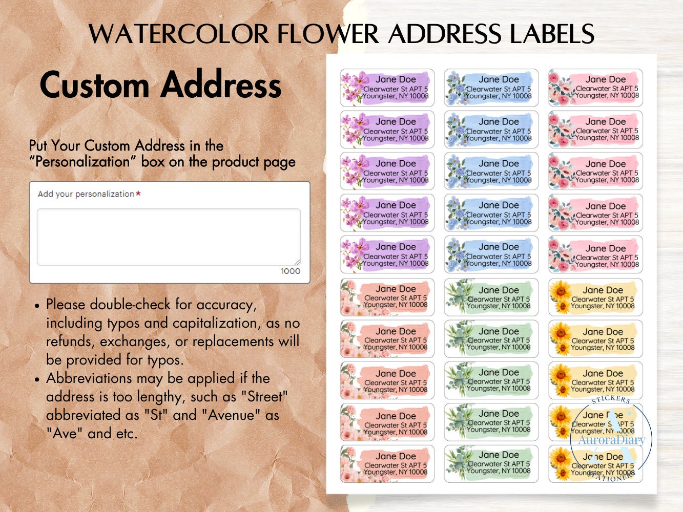 Watercolor Flower Personalized Return Address Labels Sticker | Elegant ...