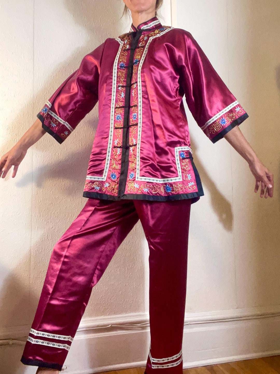 Vintage Chinese Silk Embroidered Pyjama Style Pant Set. S/M - Etsy
