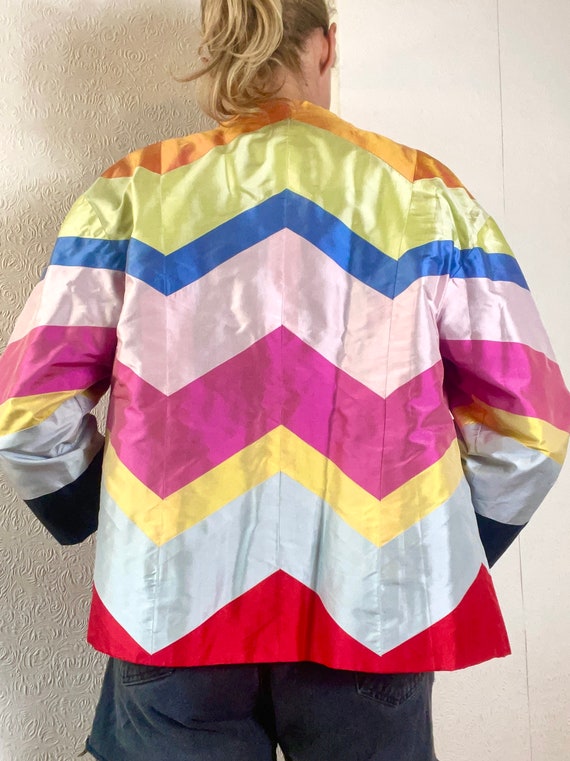 1990s Y2K 100 % Thai Silk Chevron Rainbow Jacket. M-L - Gem