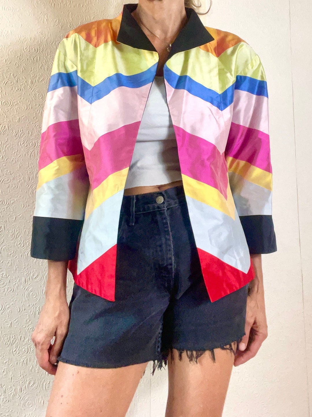 1990s Y2K 100 % Thai Silk Chevron Rainbow Jacket. M-L - Etsy