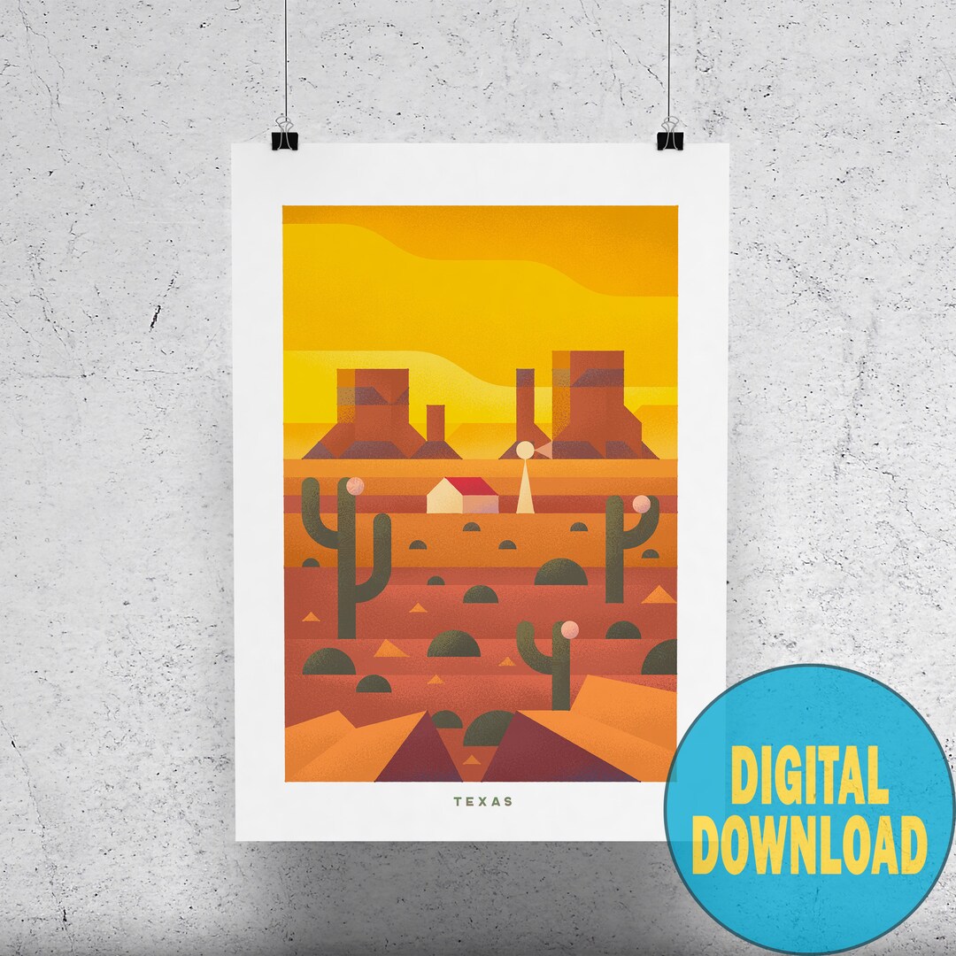 Texas Poster Travel Printable Vintage Style Texas Art Retro - Etsy