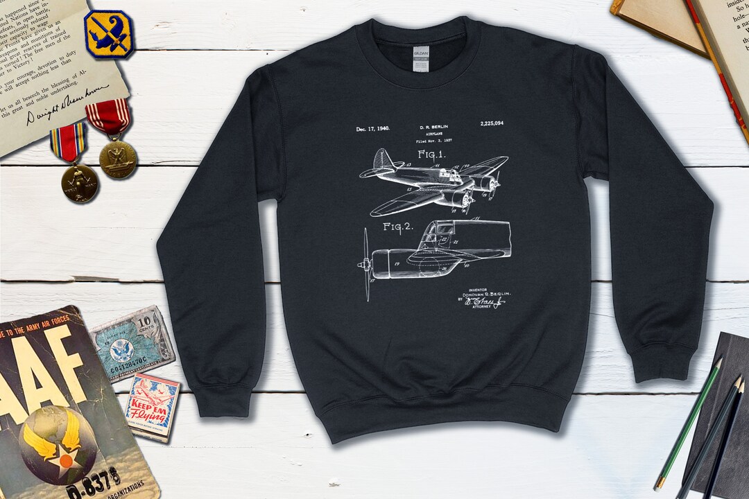 Vintage Airplane Sweatshirt WWII Blueprint Patent Aviation - Etsy