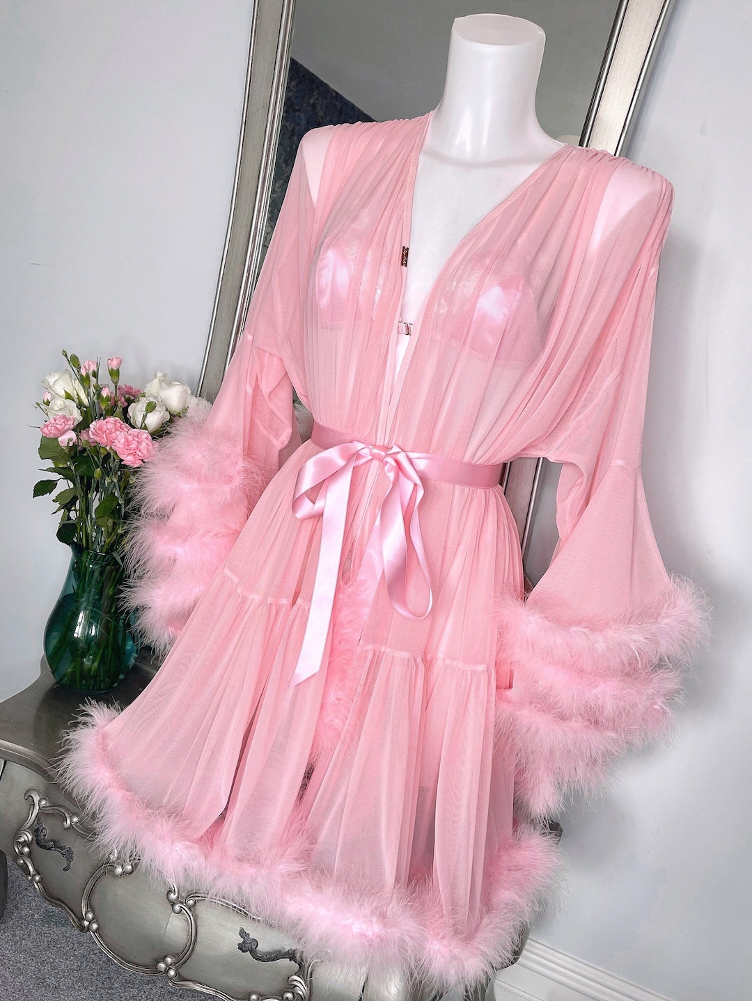 Short Pink Feather Trim High Quality Mesh Vintage Hollywood Inspired ...