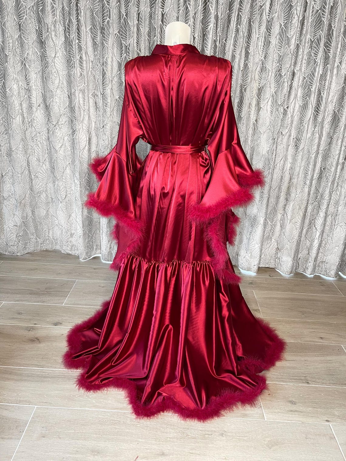 Long Crimson Satin Robe, Feather Trim, Vintage Hollywood Style - Etsy