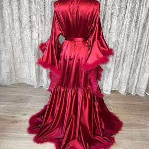 Long Crimson Satin Robe, Feather Trim, Vintage Hollywood Style - Etsy