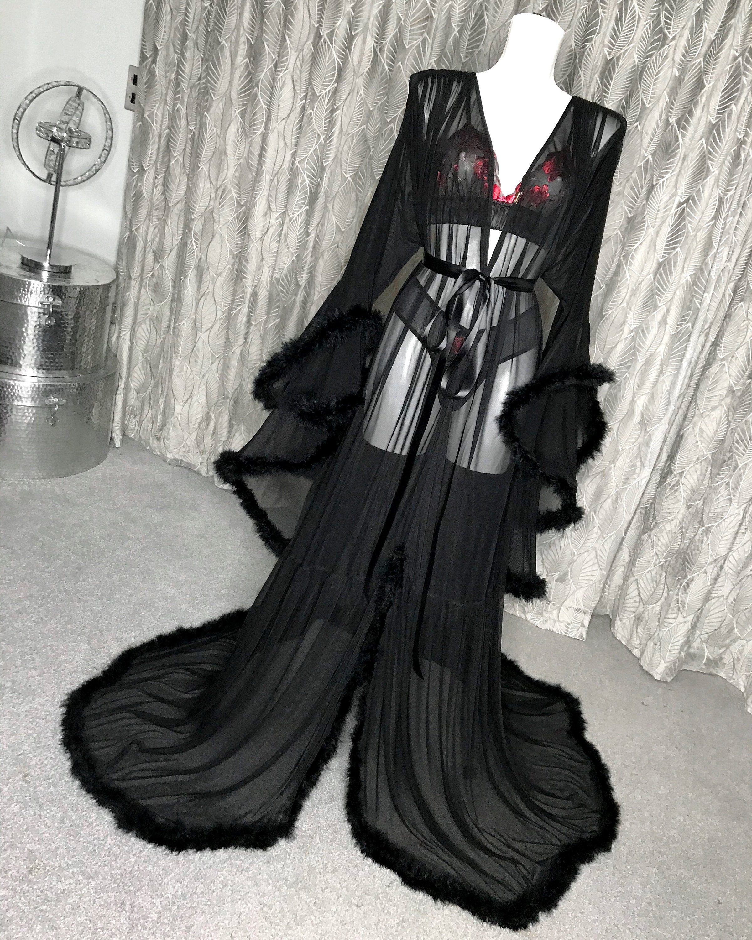 Long Black Feather High Quality Mesh Hollywood Style Vintage Robe ...