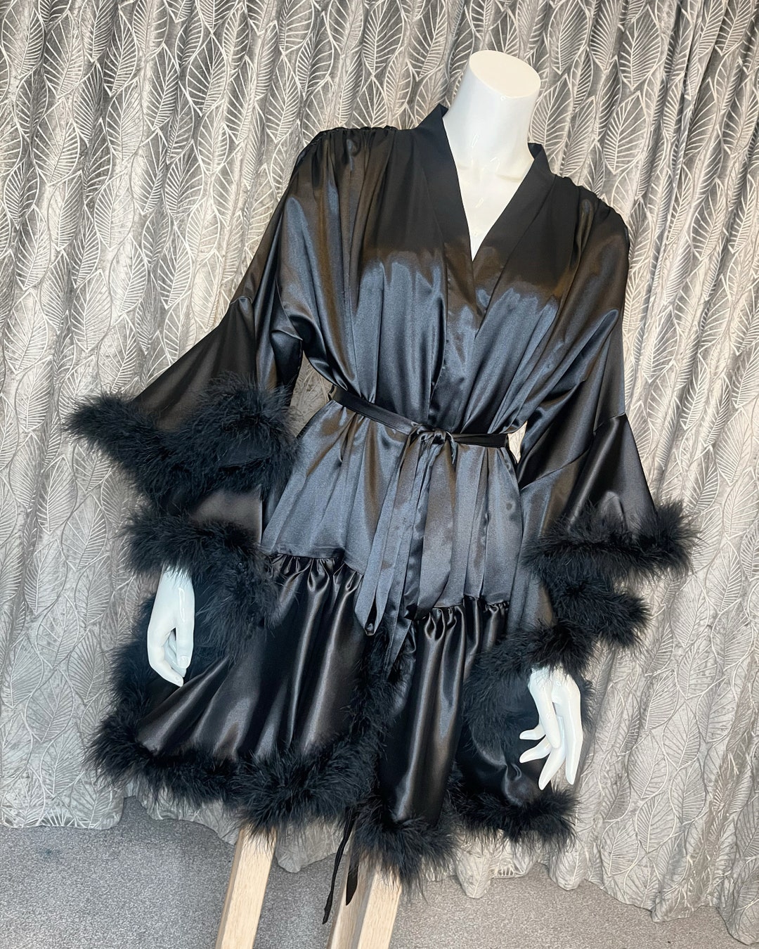 Short Black Satin Feather Trim Robe: Vintage Hollywood Style Boudoir ...