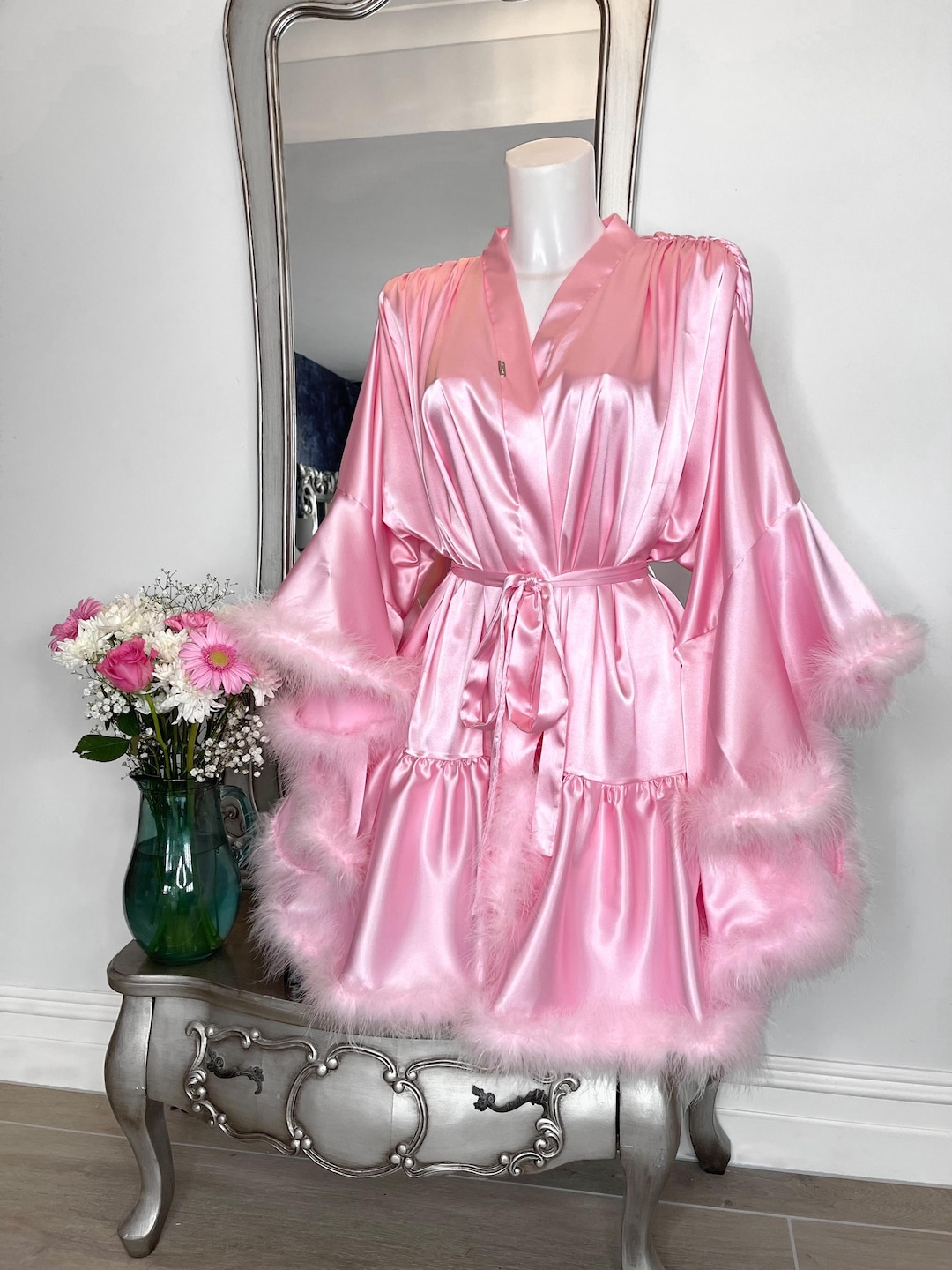 Short Feather High Quality Satin Vintage Hollywood Style Robe, Bridal ...