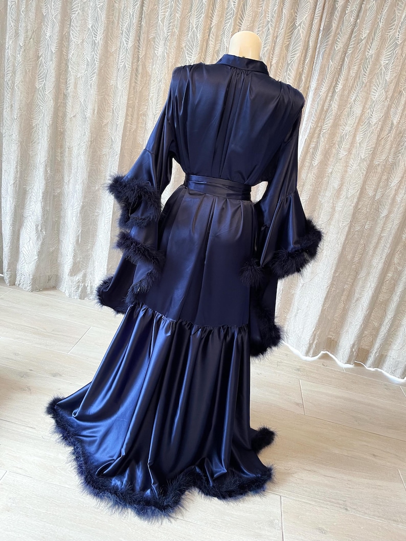 Midnight Navy Blue Satin Robe: Feather Trim, Vintage Hollywood Style - Etsy