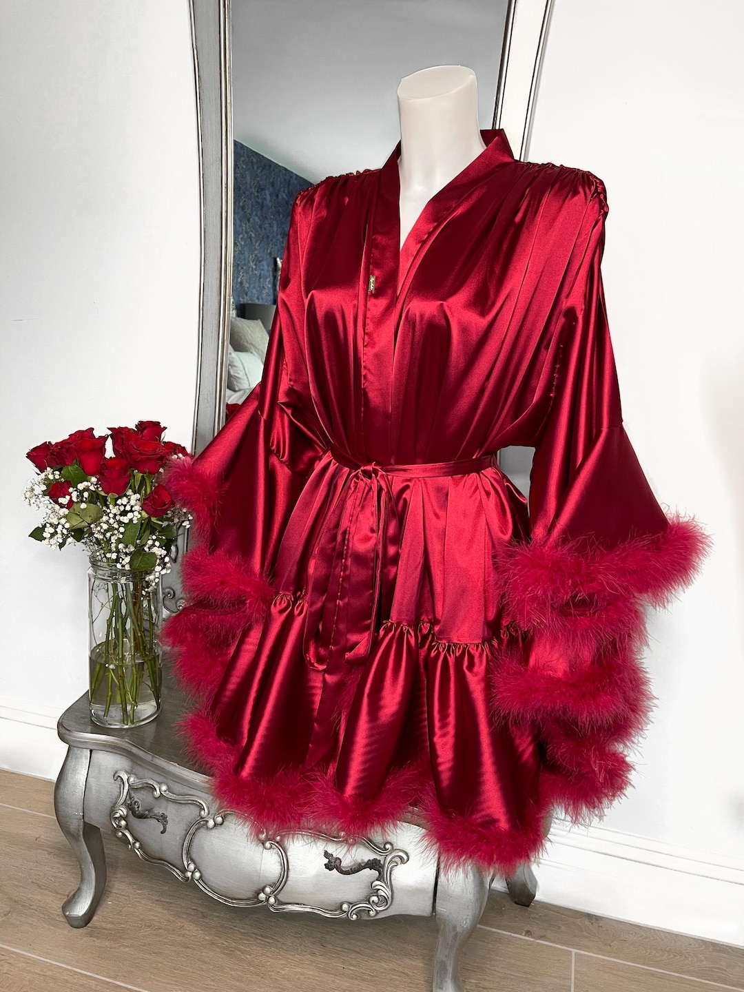 Crimson Red Satin Robe: Feather Trim, Vintage Hollywood Style - Etsy