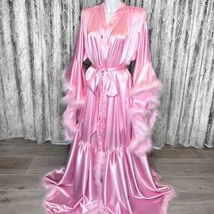 Pink Feather Robe: Long Satin Hollywood Style Bridal Boudoir Robe - Etsy