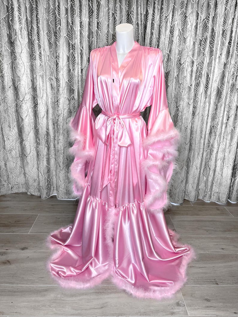 Pink Feather Robe: Long Satin Hollywood Style Bridal Boudoir Robe - Etsy