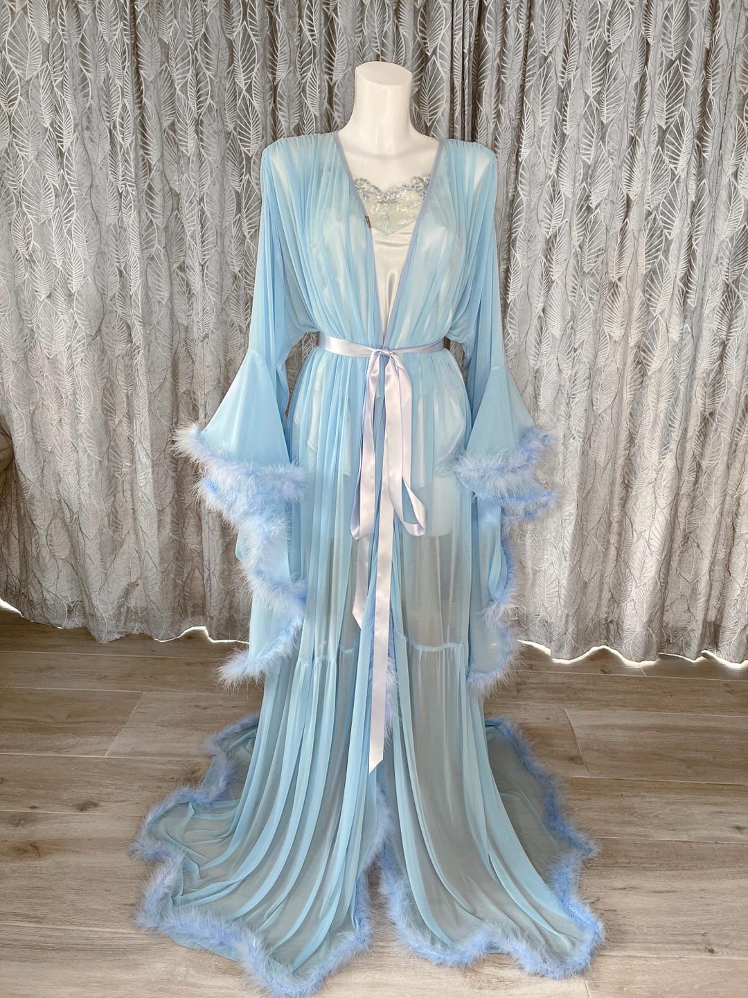 Blue Mesh Feather Trim Robe: Vintage Hollywood Style Bridal Boudoir - Etsy