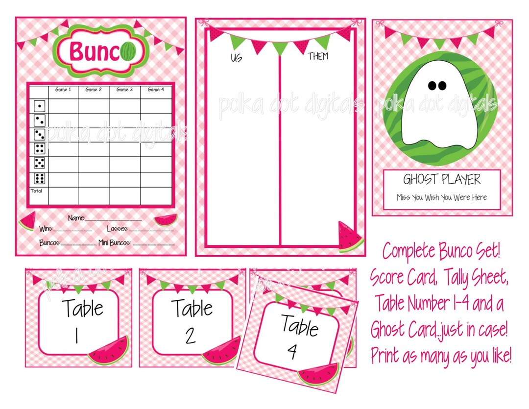 WATERMELON Summer Bunco Score Card Sheet With Matching Table Numbers ...