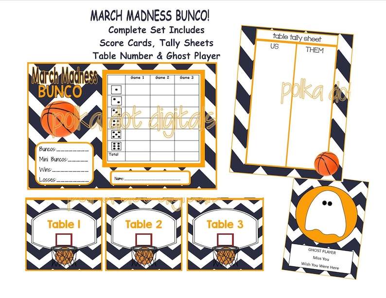 MARCH MADNESS Complete Set Bunco Score Card Sheet Table Numbers Tally ...