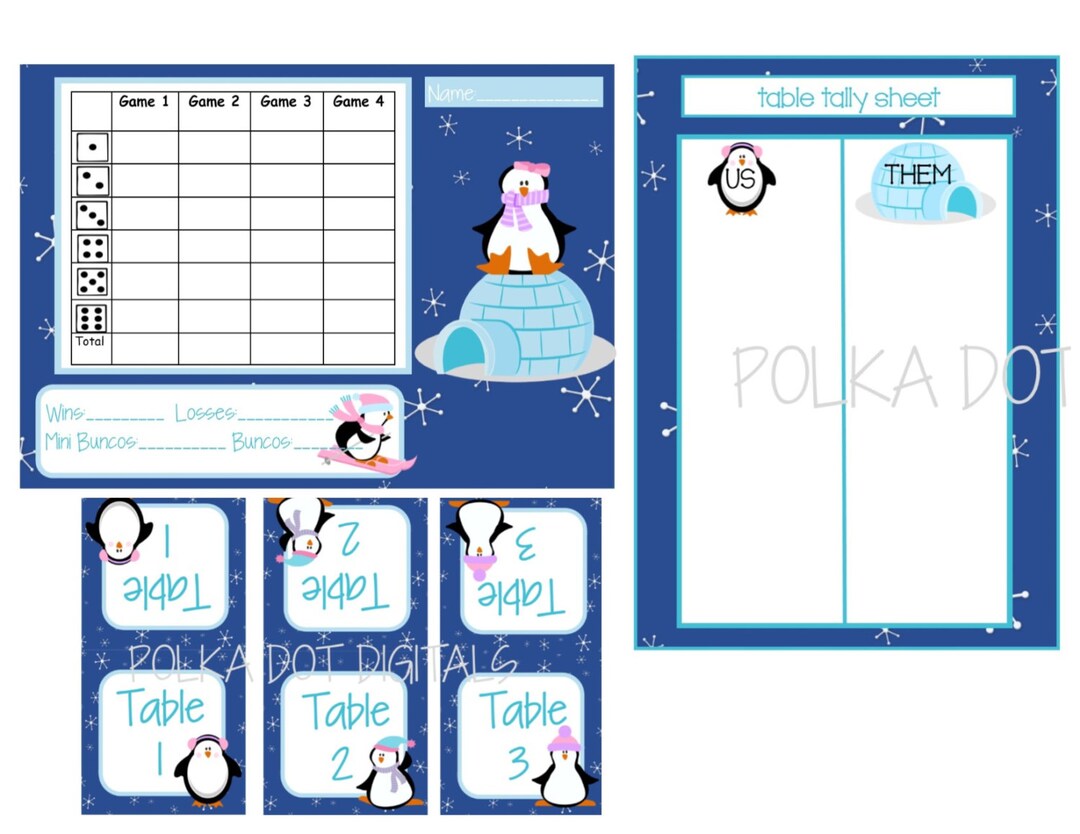 WINTER PENGUINS Christmas Complete Set Bunco Score Card Sheet With ...