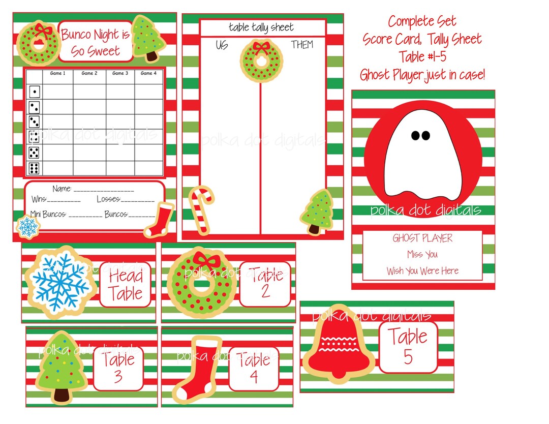 CHRISTMAS COOKIE Bunco Score Card Sheet Table Numbers Tally Sheets ...