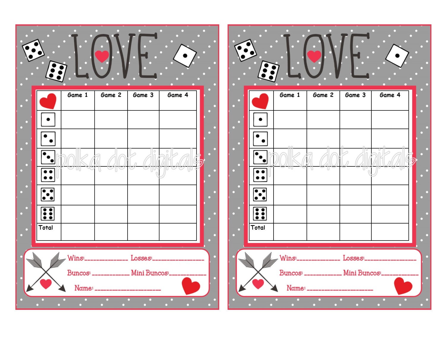 Cupid's Arrow Valentine's Complete Set Bunco Score Card Sheet Table ...