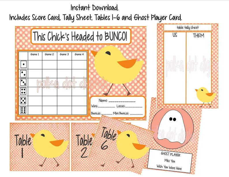 CHICK Girl's Night Bunco Score Card Sheet Table Numbers Tally Sheets ...