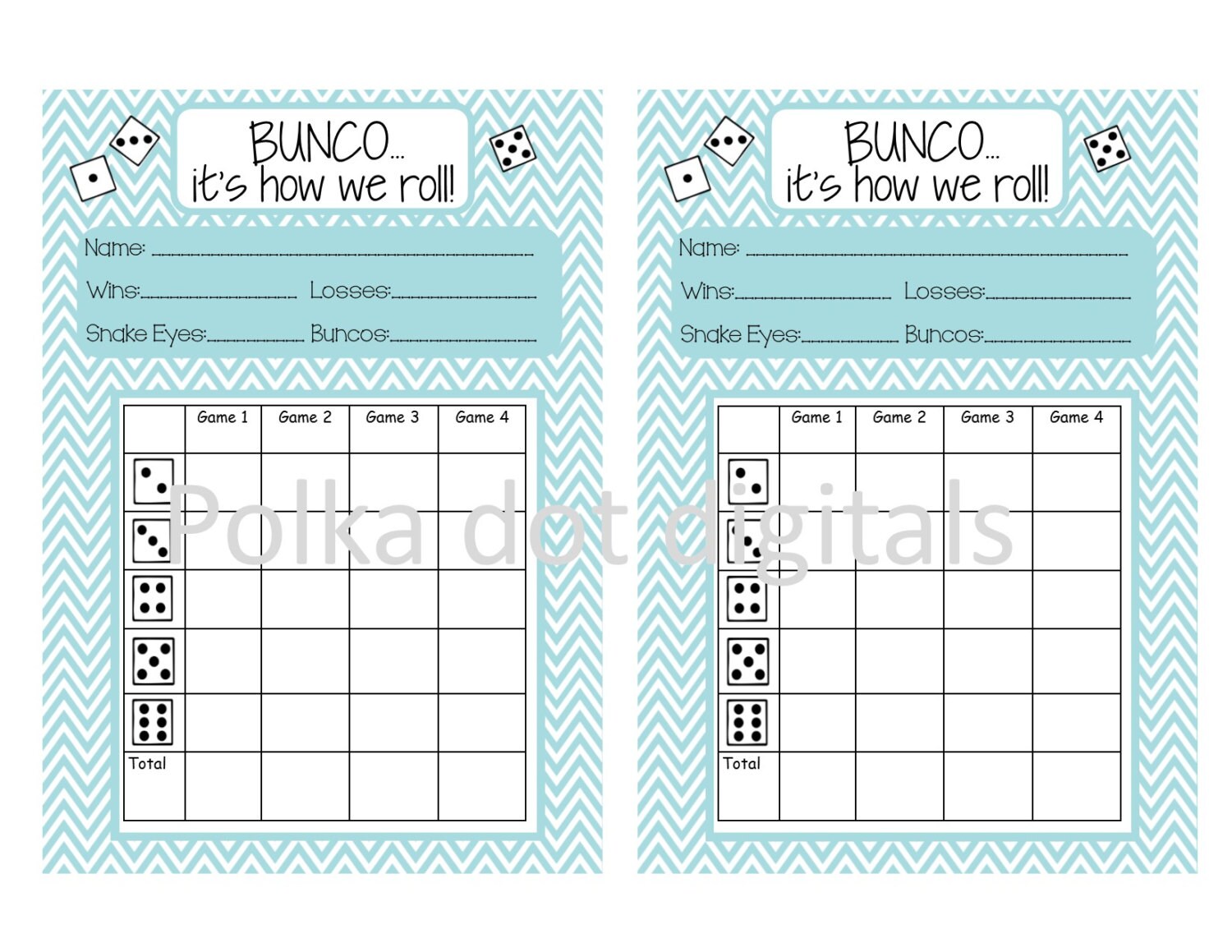 Complete Set Light Blue Chevron SNAKE EYES Bunco Score Card Sheet With ...