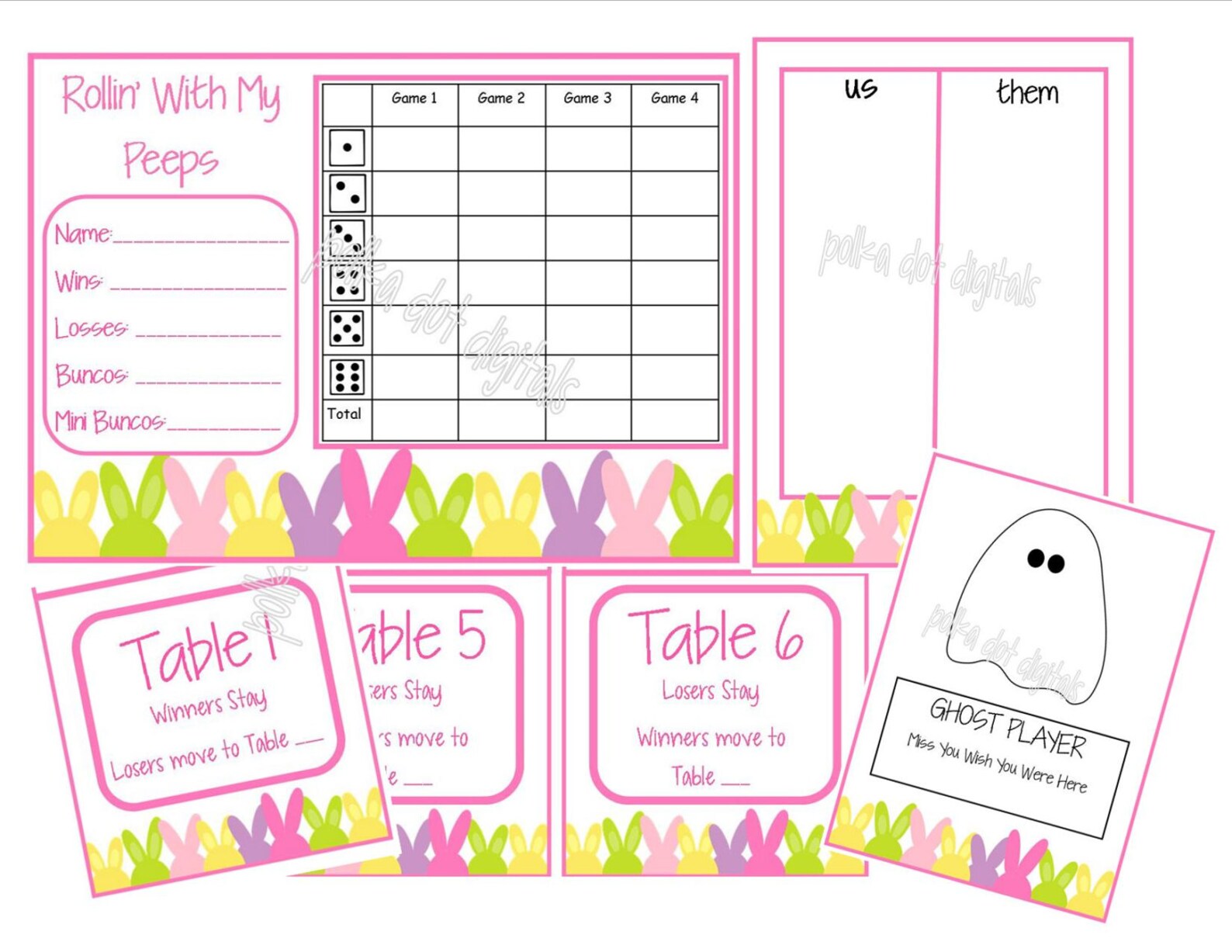 BUNNY PATCH Easter Complete Set Bunco Score Card Sheet With Matching ...