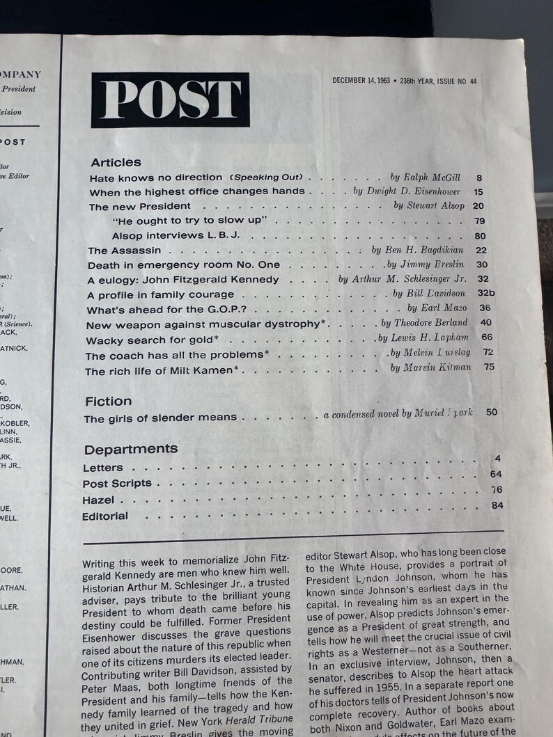 JFK in Memoriam Saturday Evening Post Dec 14, 1963 - Etsy