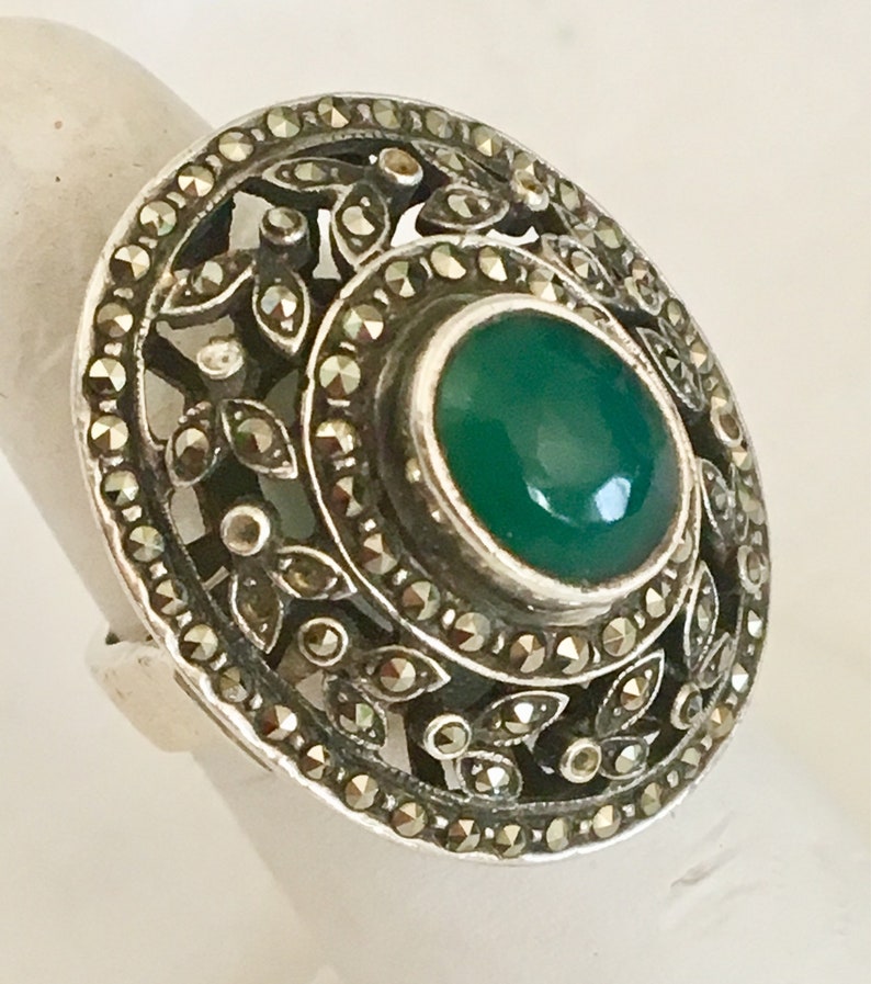 Art Deco Sterling Silver Ring With Green Onyx Surrounded by Marcasites ...