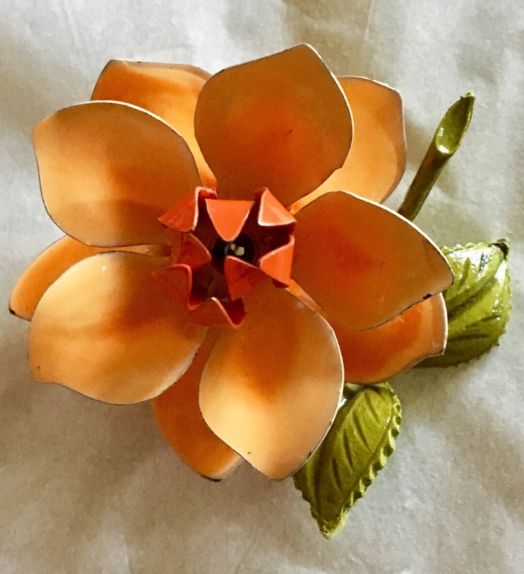 Vintage Enamel Rose Brooch Bright Orange With Green Leaves & Stem - Etsy