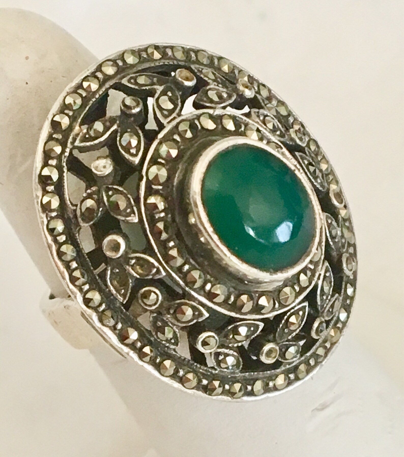Art Deco Sterling Silver Ring With Green Onyx Surrounded by Marcasites ...