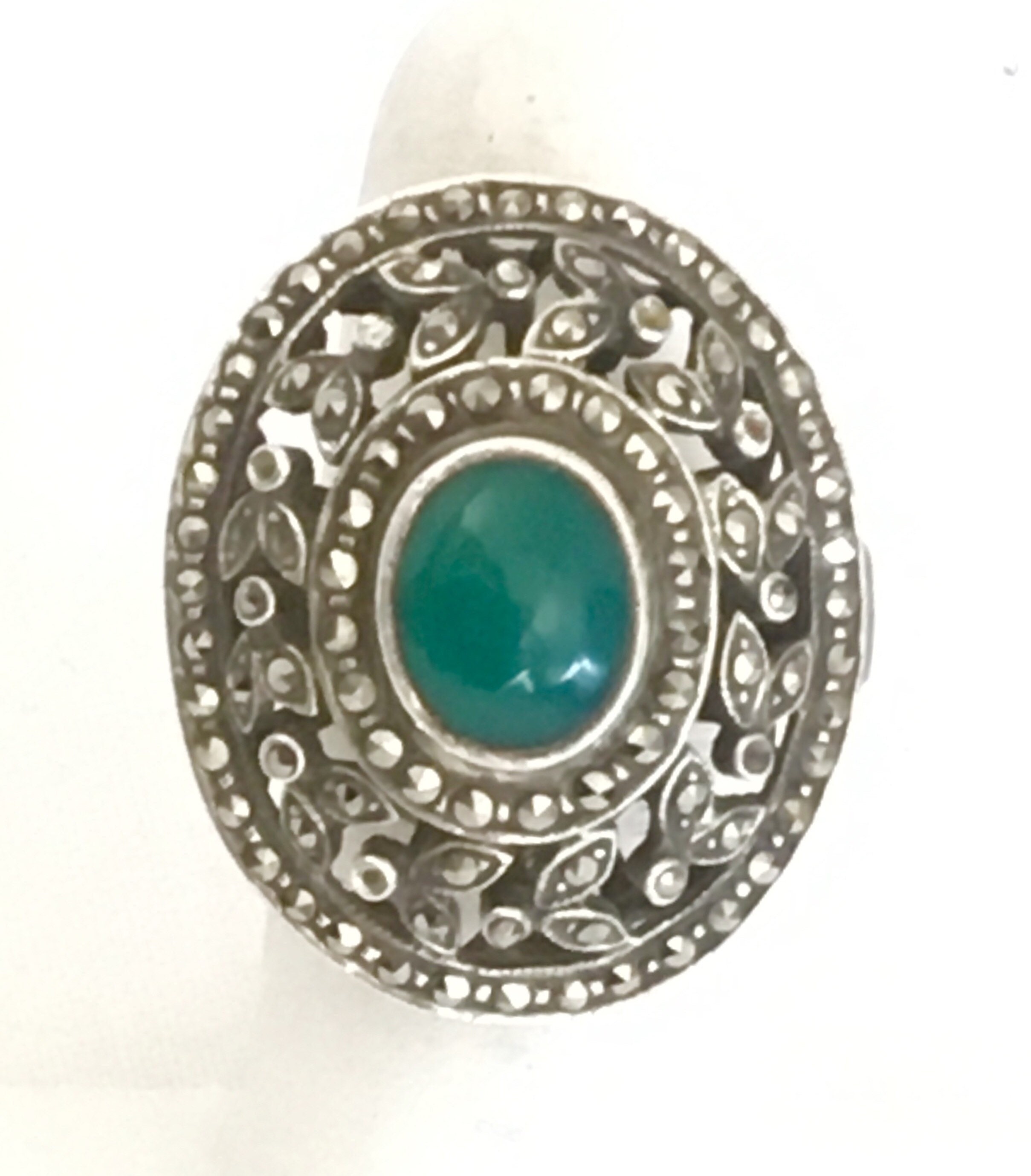 Art Deco Sterling Silver Ring With Green Onyx Surrounded by Marcasites ...